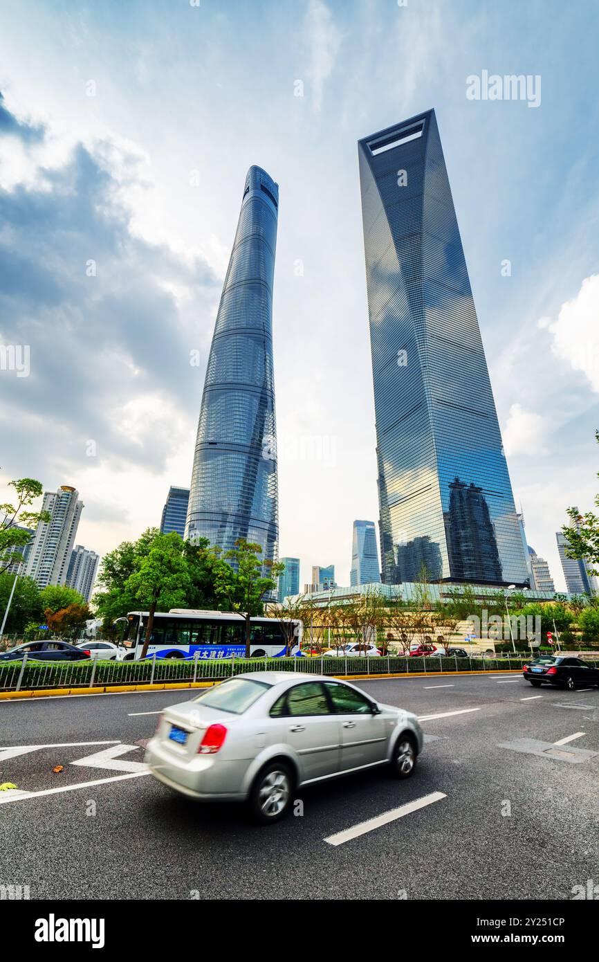 Bottom view of skyscrapers in downtown of Shanghai, China Stock Photo ...