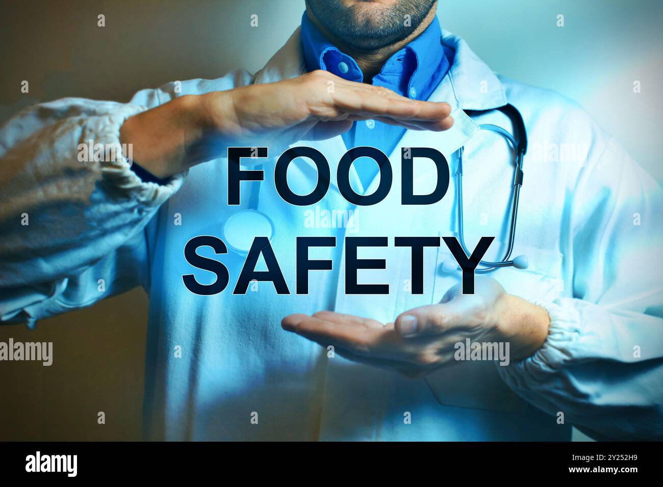 Doctor hand touching food safety sign on virtual screen. medical ...