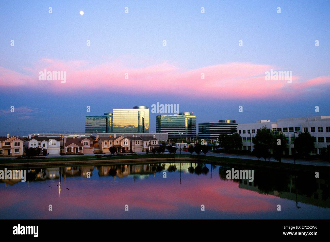 View of Oracle headquarters building at dusk in 1996, Redwood Shores ...
