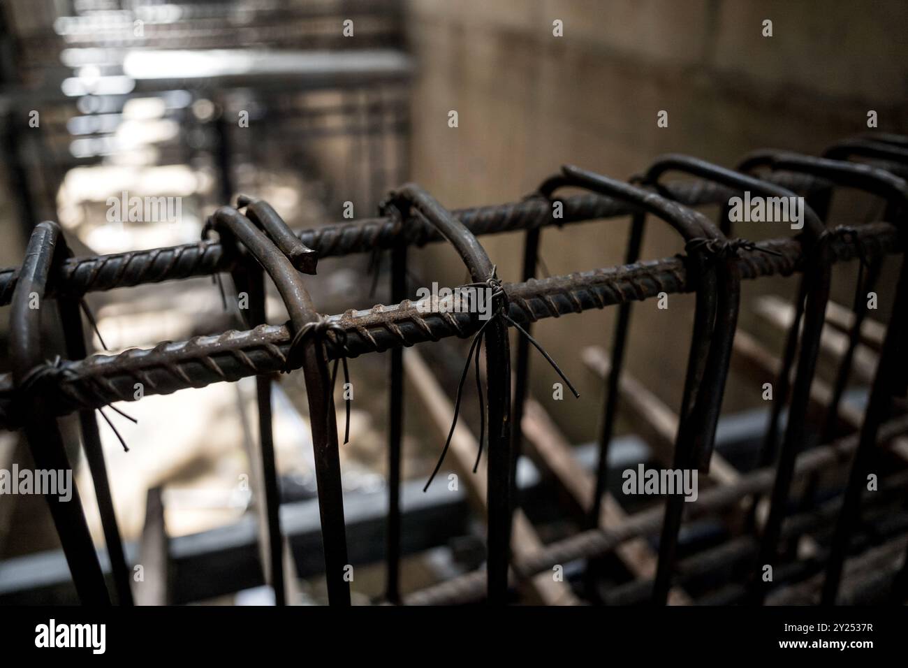 A construction site displaying a reinforced concrete foundation with ...