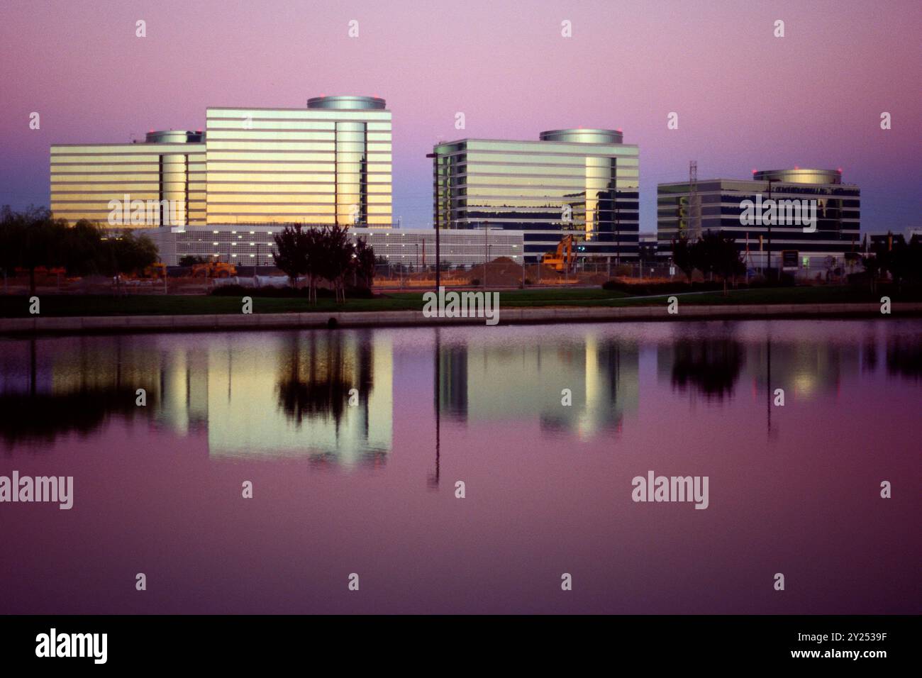 Oracle headquarters buildings reflecting evening light in 1996, Redwood ...