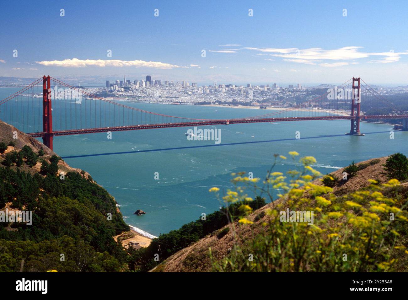 Goden Gate Bridge and city skyline from Marin headland in 1996, San ...