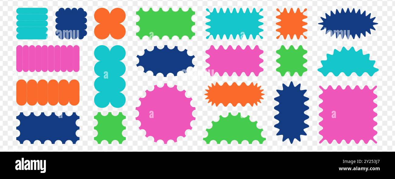 Color jagged geometric shapes. Scallop rectangle, semicircle and oval ...