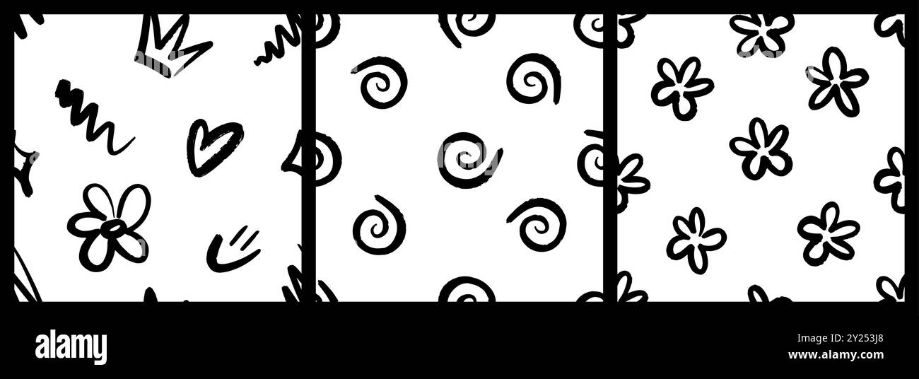 Naive playful seamless pattern set with doodle Hearts, Smile, Daisy and ...