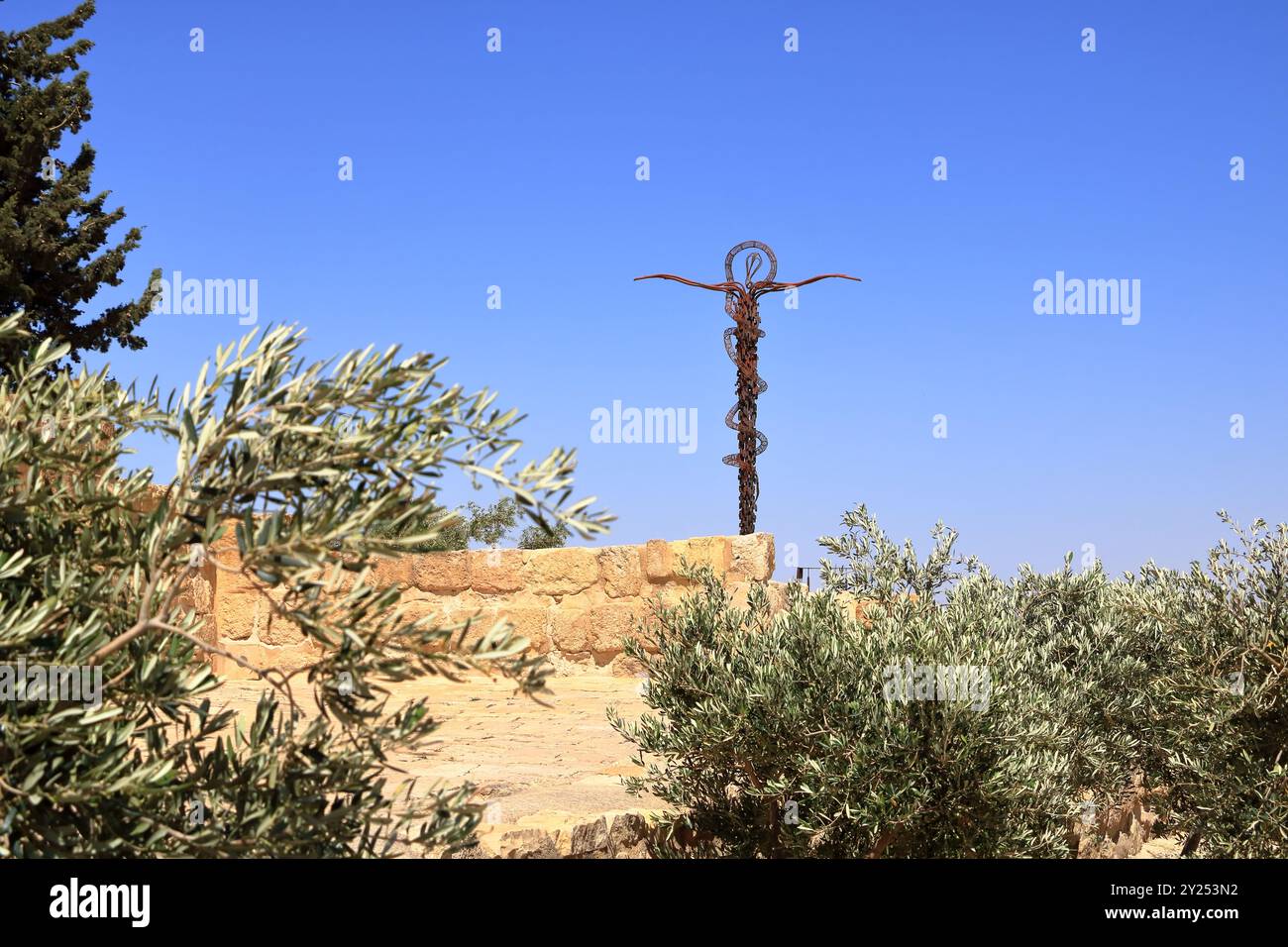 the Serpentine Cross at the top of Mount Nebo in Jordan, place where ...