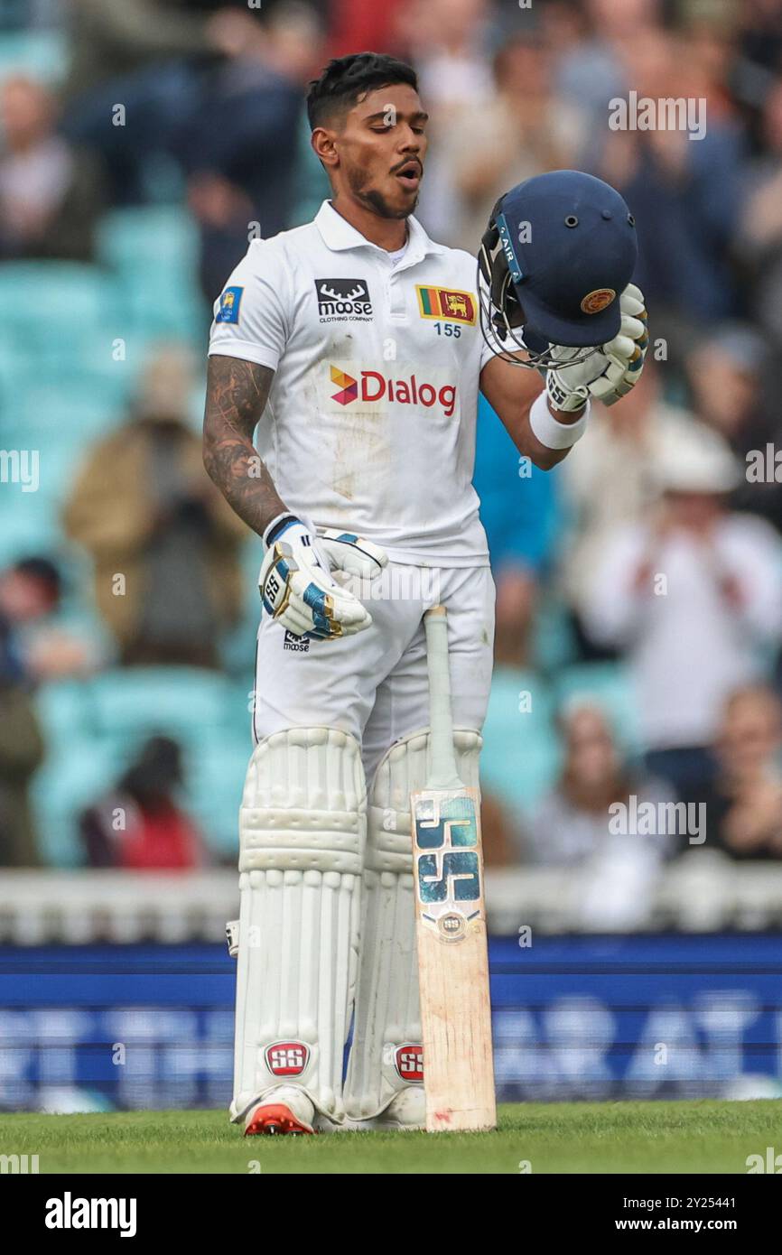 Pathum Nissanka of Sri Lanka celebrates a century (100 runs) during the ...