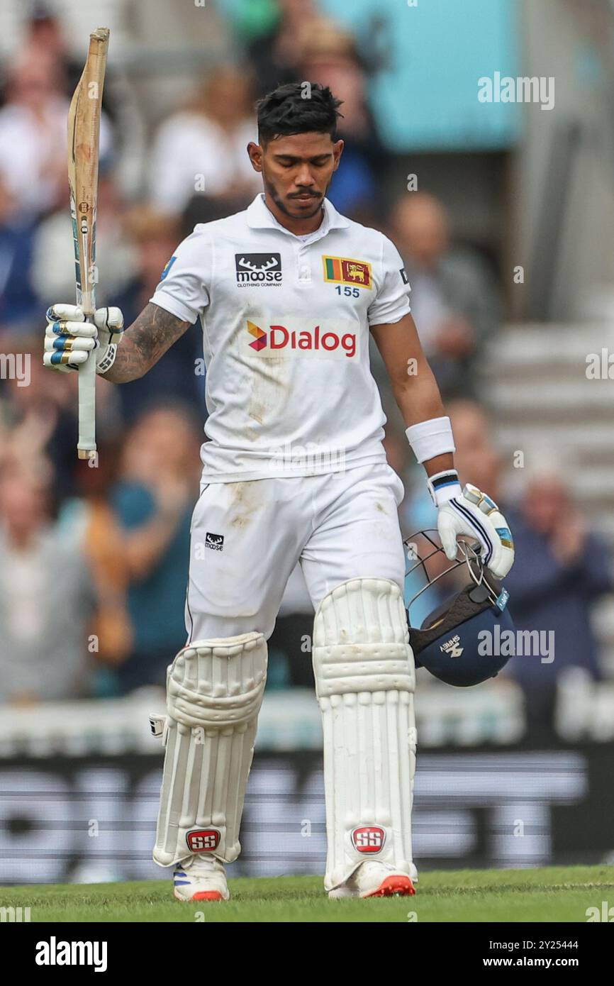 Pathum Nissanka of Sri Lanka celebrates a century (100 runs) during the ...