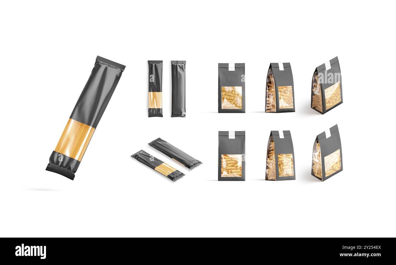 Blank black paper transparent pack with pasta mockup, different views ...