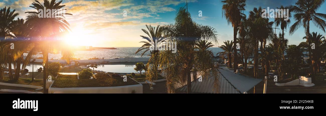 Sunset panorama Puerto de la cruz village coast in Tenerife.Landmark ...