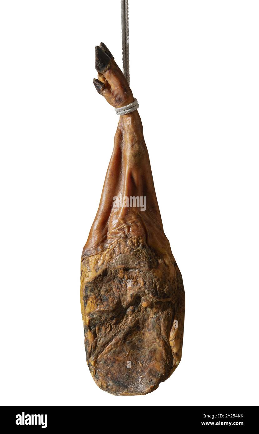 Whole dry Spanish ham isolated on white background Stock Photo - Alamy