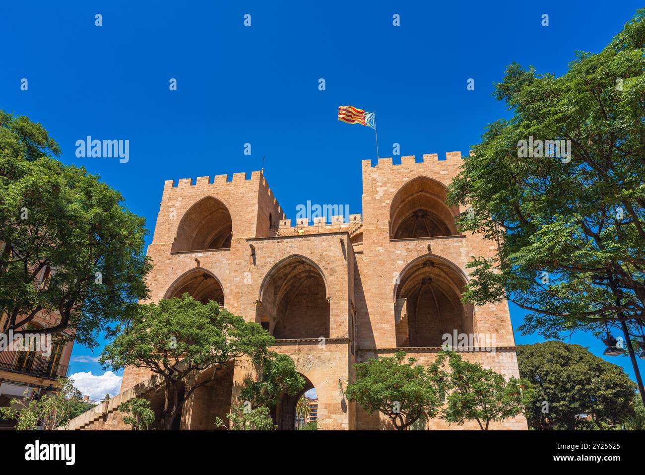 Valencia, Spain. Rear view of the Torres de Serranos, an old gate on ...