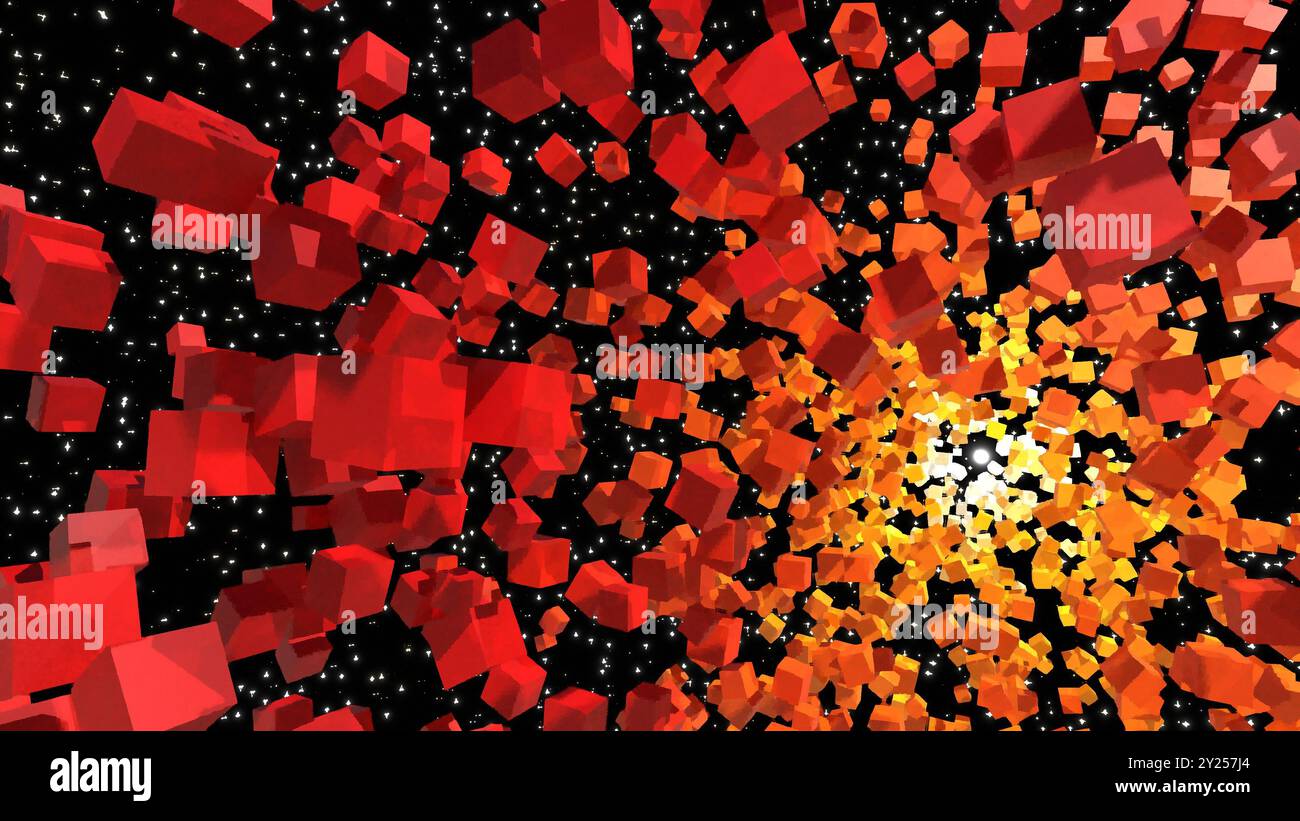 field of cubic space debris coming from a star with a star field ...