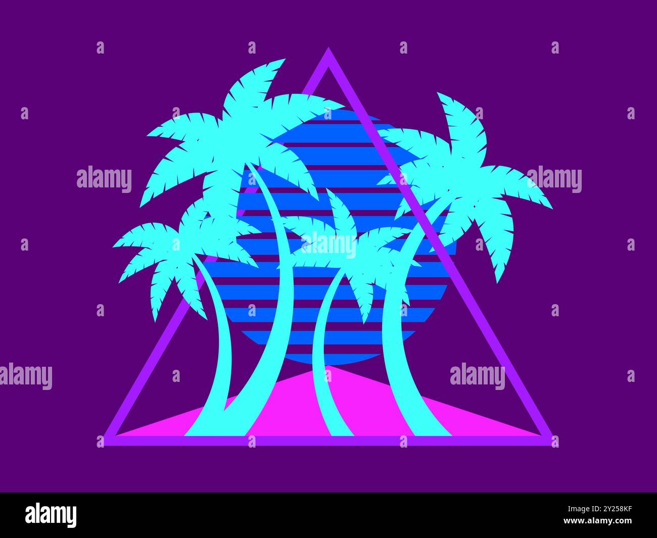 Palm trees at sunset retro sun in 80s style. Retro futuristic ...