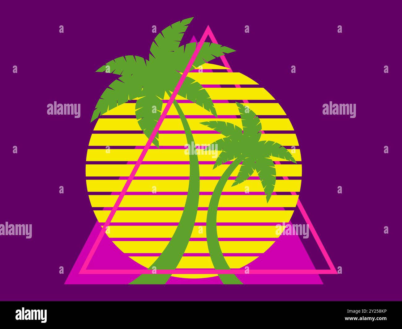 Palm trees at sunset retro sun in 80s style. Retro futuristic ...