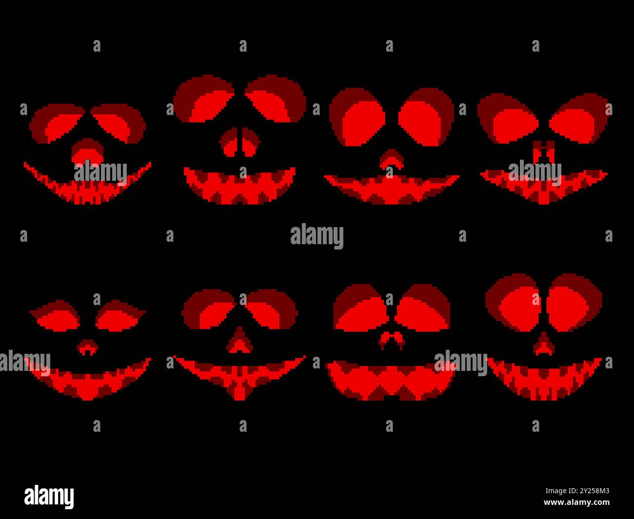 Halloween scary face icons set in pixel art style. Pixel scary pumpkin ...