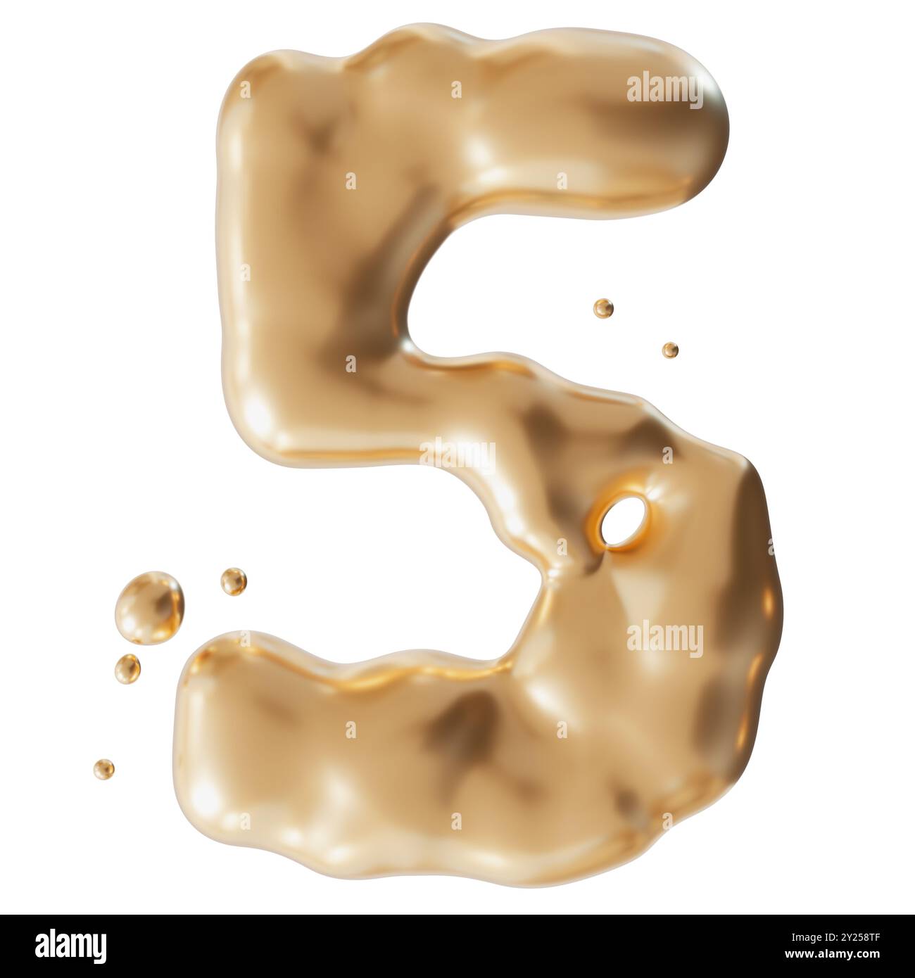 Dynamic golden liquid number 5, isolated on white background. Elegant ...