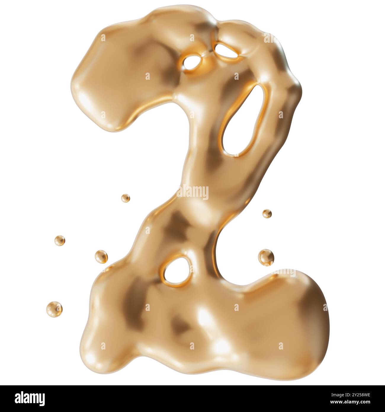 Dynamic golden liquid number 2, isolated on white background. Elegant ...