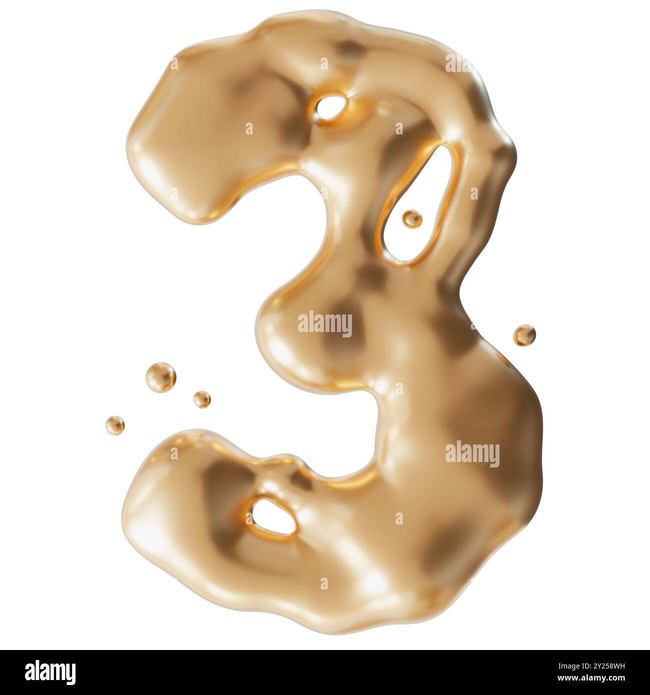 Dynamic golden liquid number 3, isolated on white background. Elegant ...
