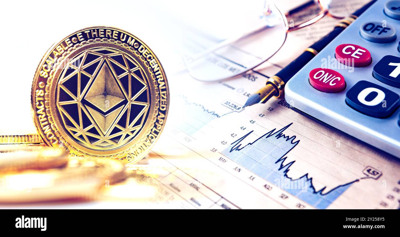 Ethereum gold coin on finance and banking charts background Stock Photo ...