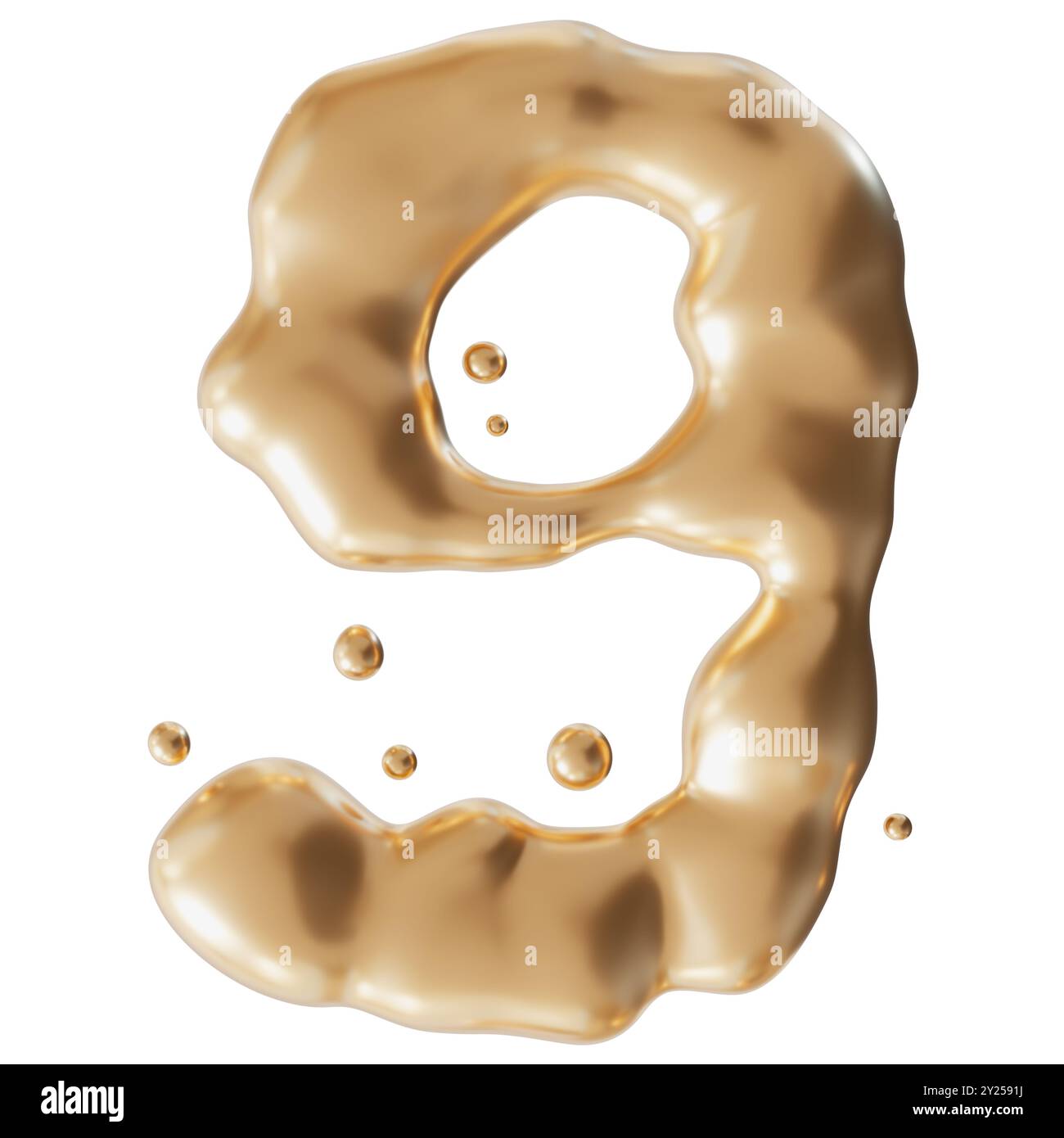 Dynamic golden liquid number 9, isolated on white background. Elegant ...