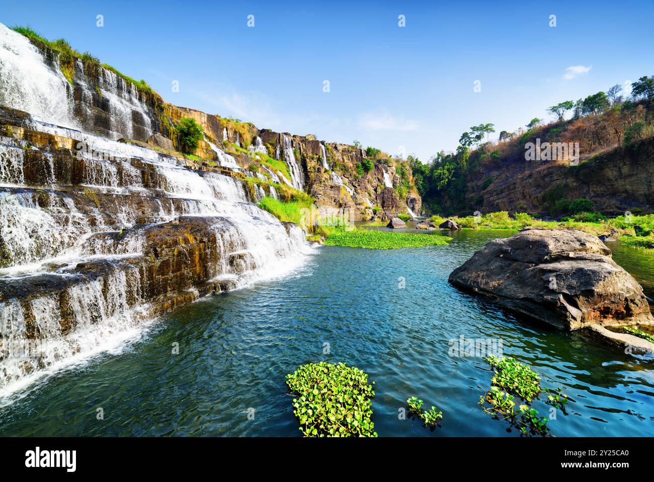 Amazing view of natural cascading waterfall with clear water Stock ...