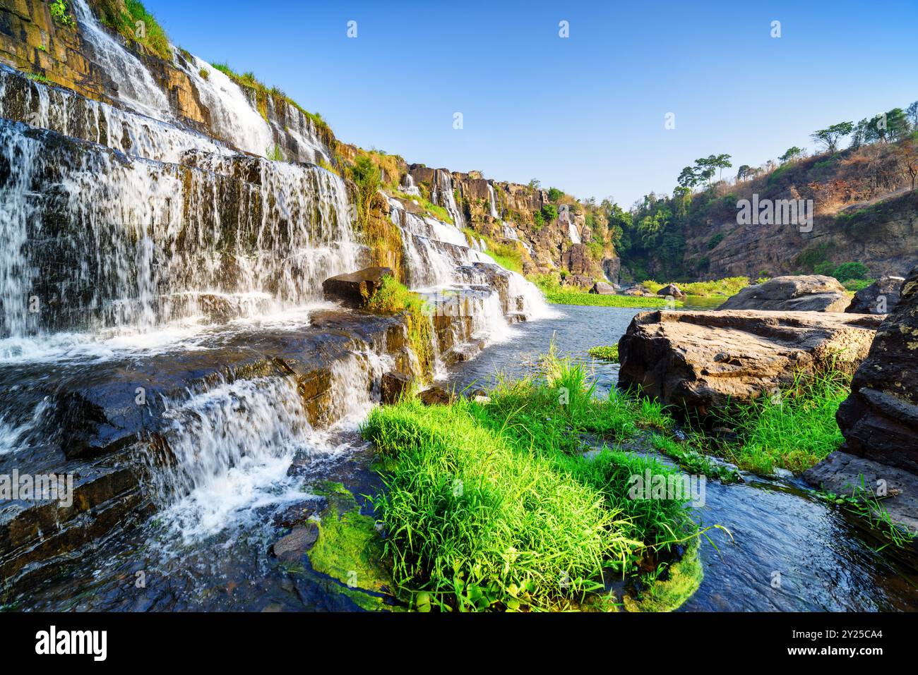 Side view of natural cascading waterfall with clear water Stock Photo ...