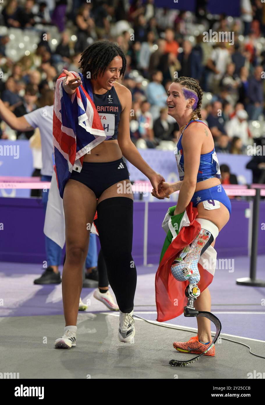 Martina Caironi of Italy and Ndidikama Okoh of Great Britain celebrates ...