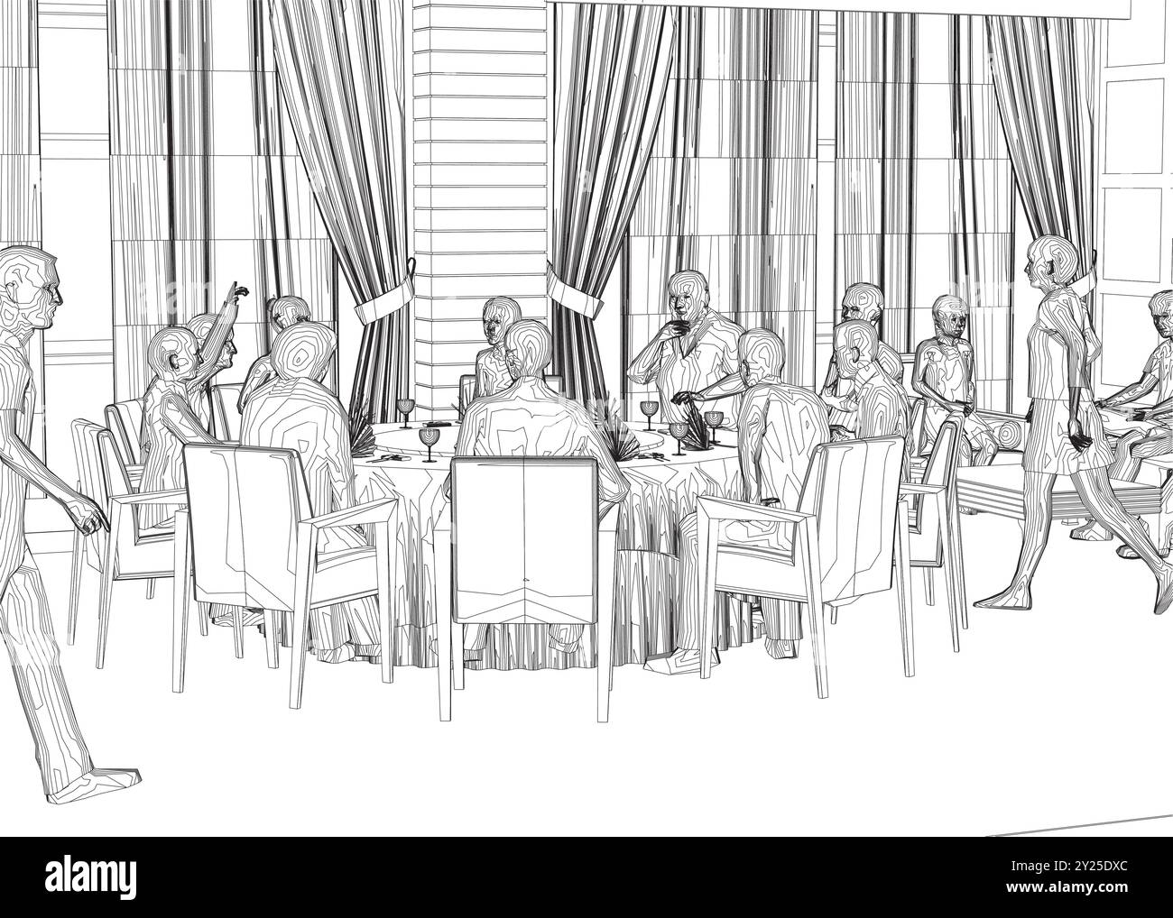 Outline of people sitting in restaurant on chairs and sofa from black ...