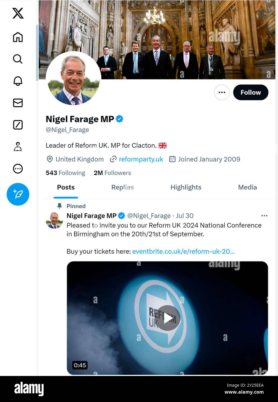 'X' - formerly Twitter - page (Sept 2024) of Nigel Farage MP, leader of ...