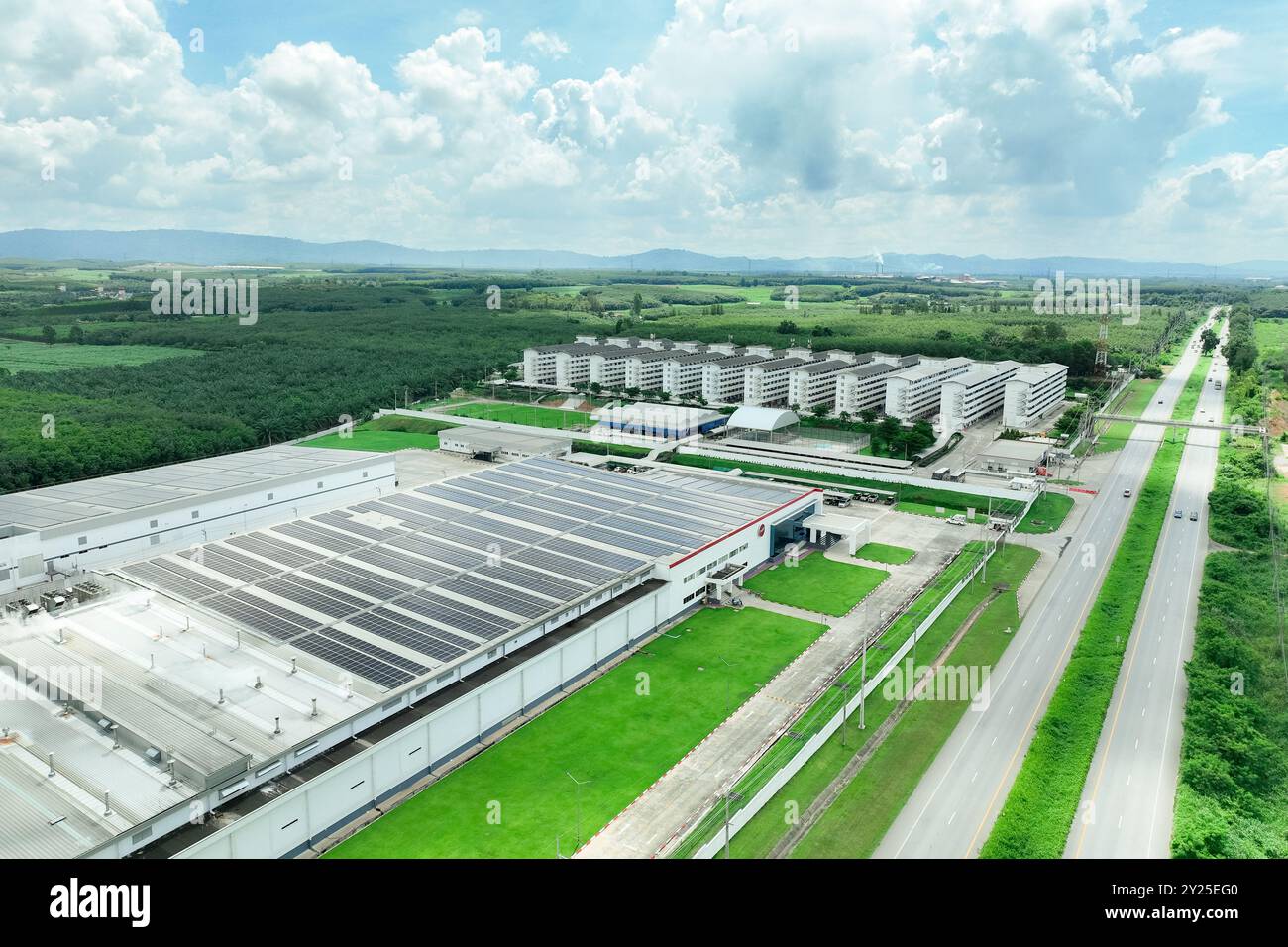Solar energy for factory and warehouse building. Solar panels on roof ...