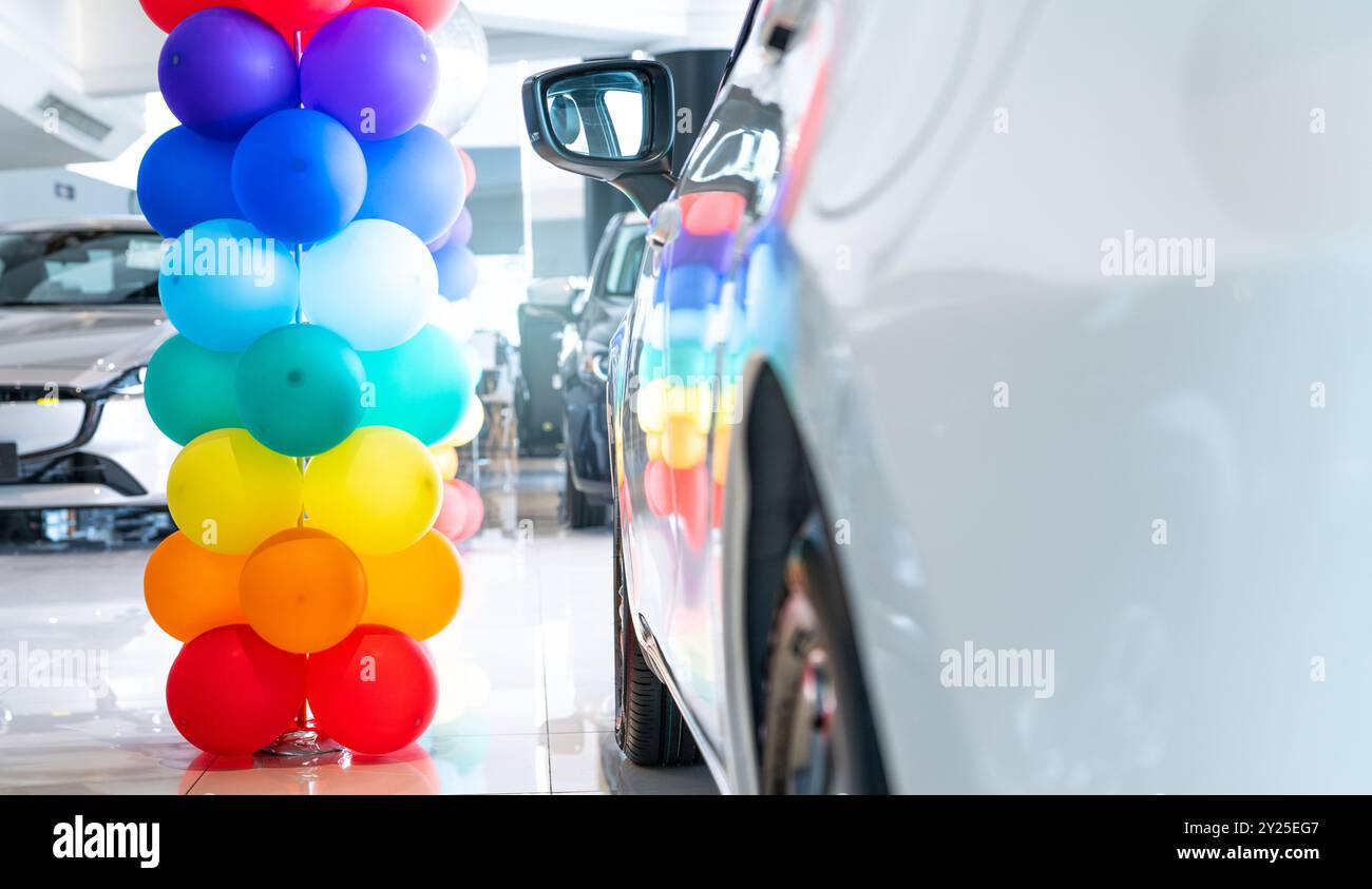 Car parked in luxury showroom. Car dealership office. Car showroom ...