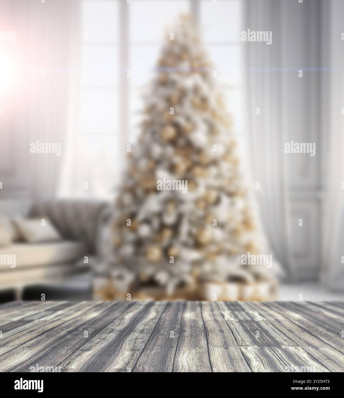 Christmas background of christmas pine tree and gifts inside the living ...