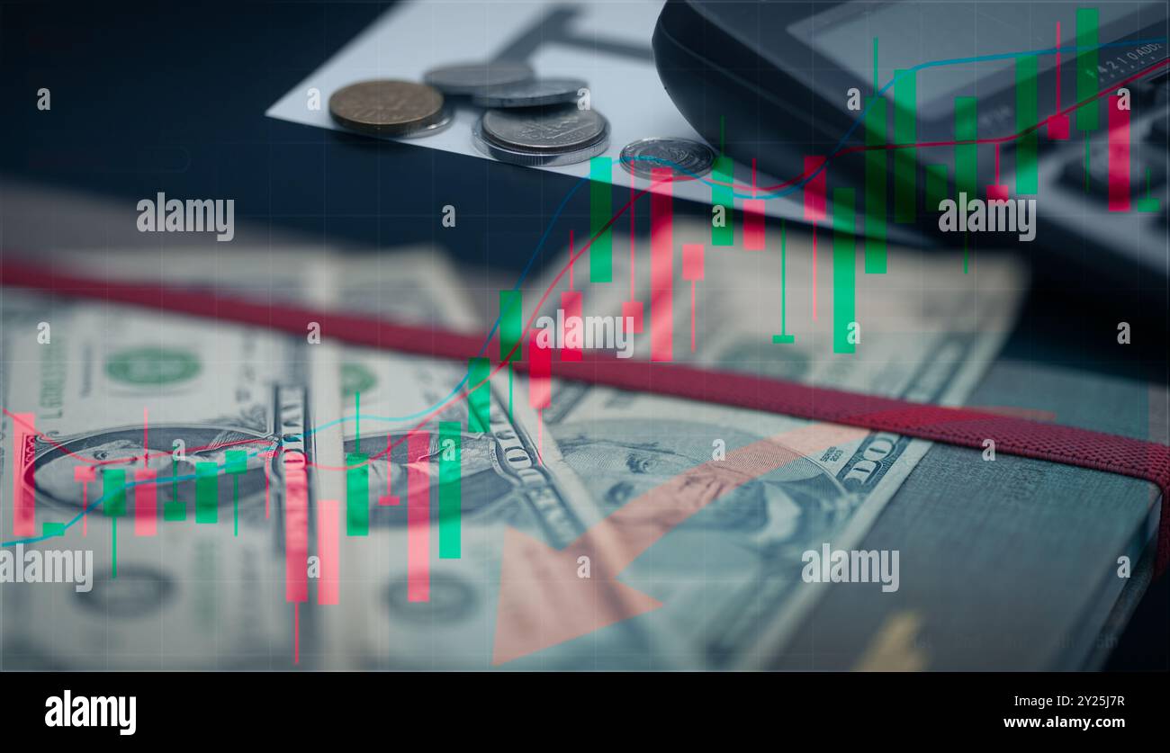 Stock market chart illustrating growth trends, with close-up calculator ...