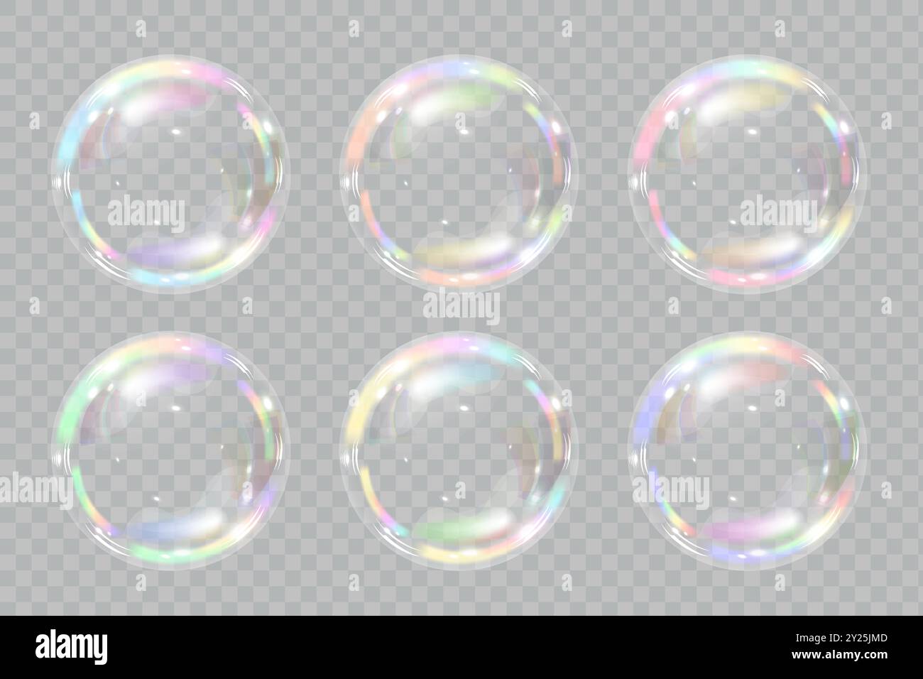 Soap bubbles colored spectrum on a transparent background. Realistic air bubbles 3D graphics ...