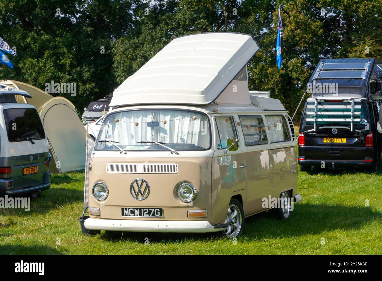Classic beige Volkswagen T2 type 2 bay camper van with pop-top roof ...