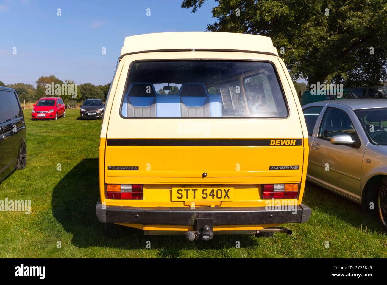 Rear view of a vintage yellow and white VW Volkswagen transporter Y3 ...
