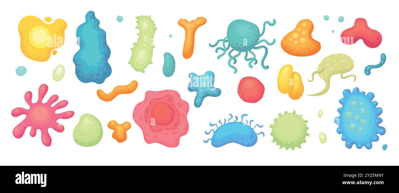 Cartoon bacterias. Biological viruses and infectious bacteria. Microbes ...