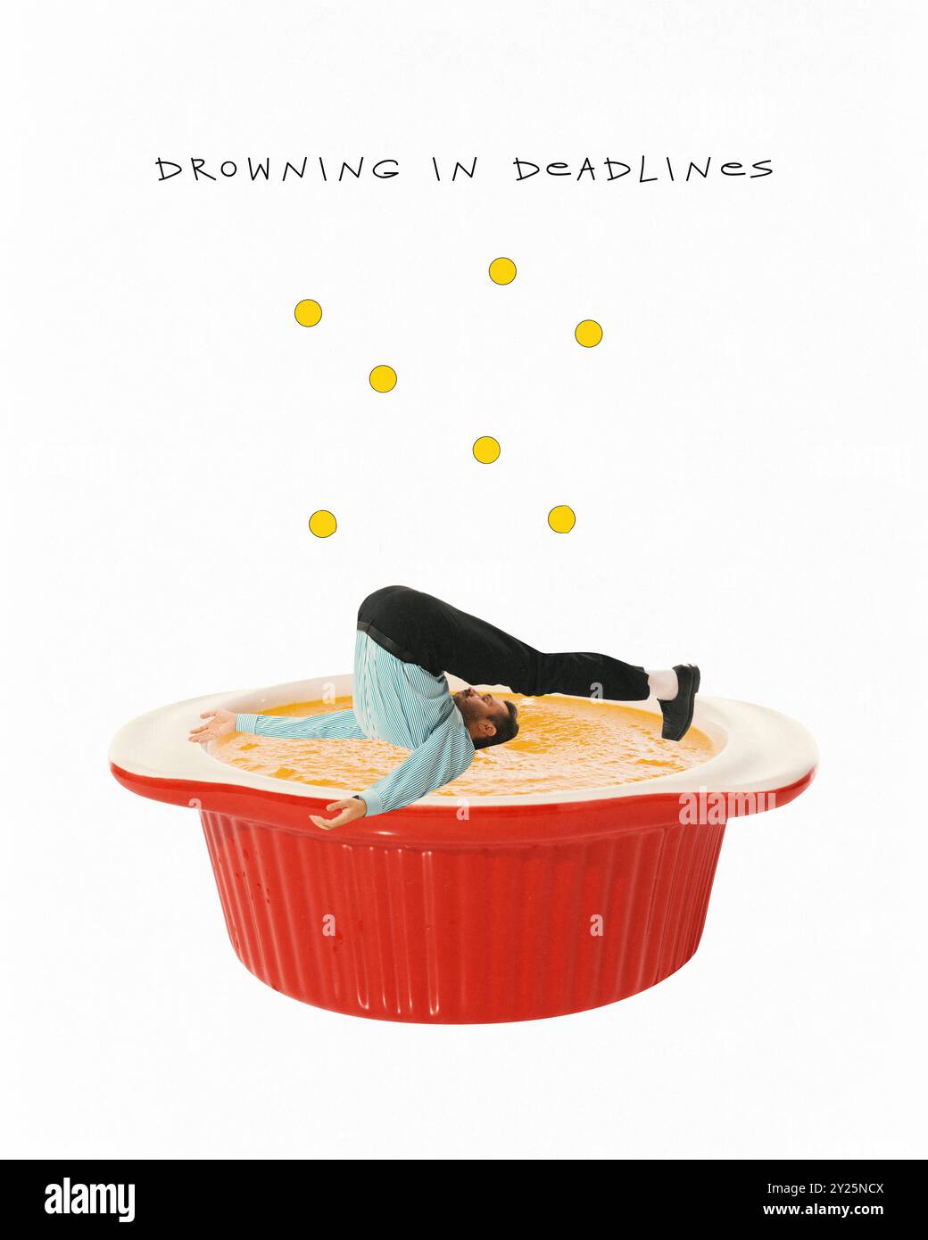 Poster. Contemporary art collage. Drowning in Deadlines. Man bending ...