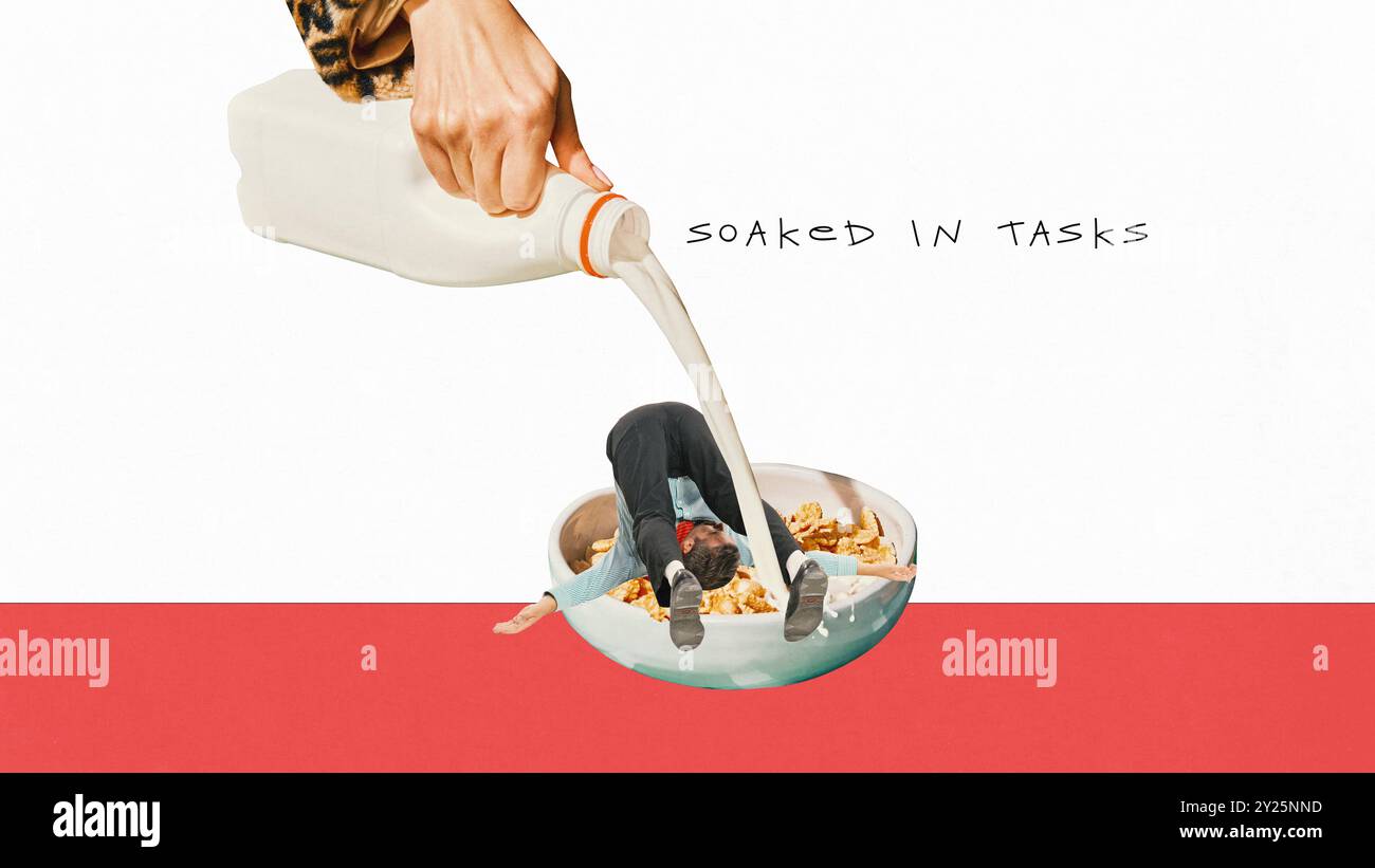 Poster. Contemporary art collage. Man submerged in cereal bowl ...