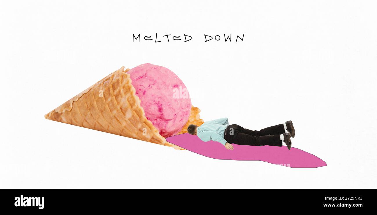 Poster. Contemporary art collage. Melted Down. man collapsed next to ...