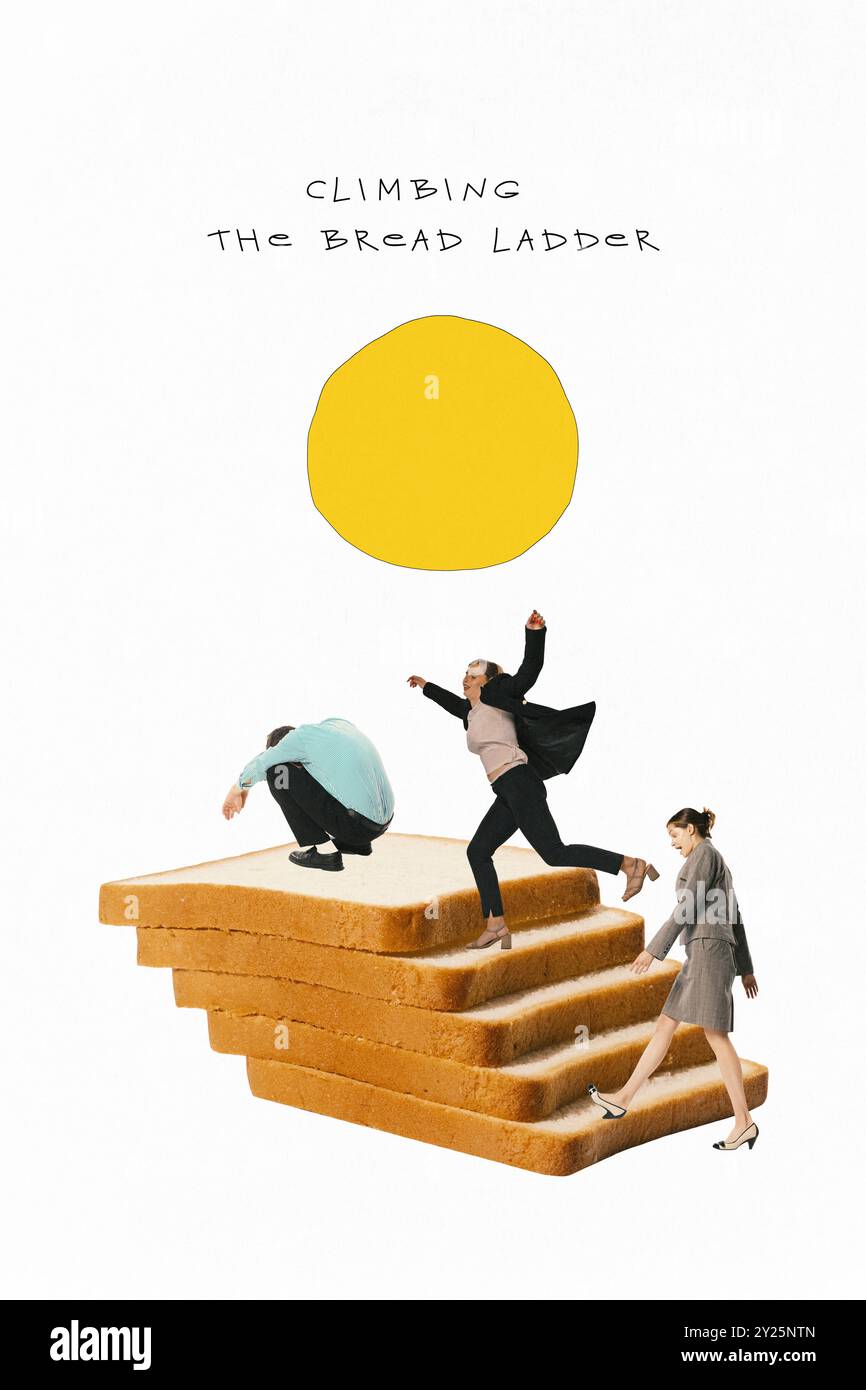 Poster. Contemporary art collage. Climbing Bread Ladder. People ascend ...