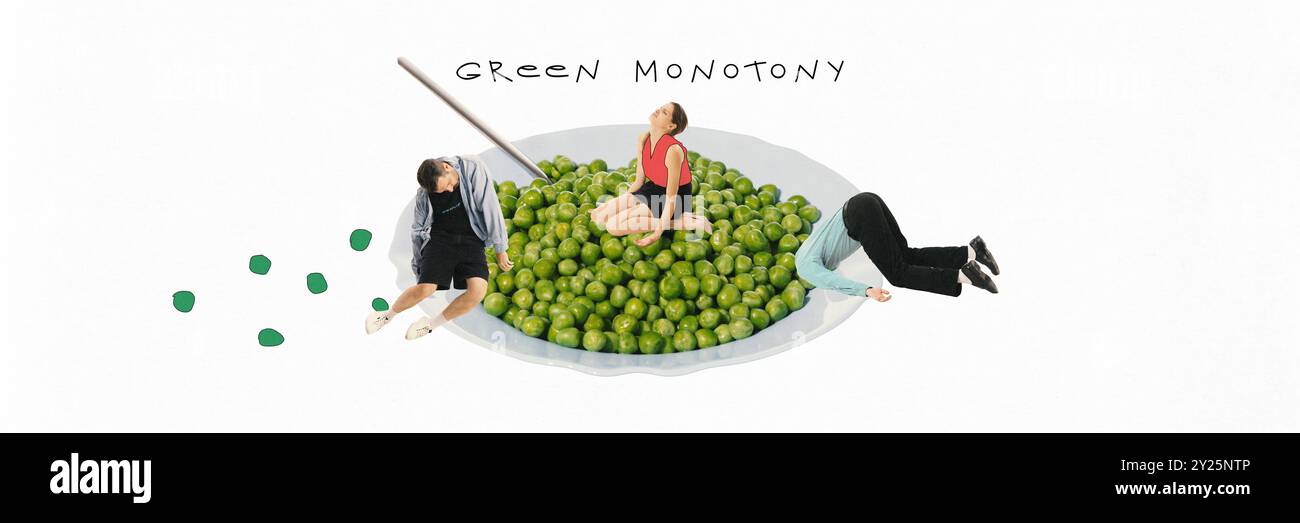Poster. Contemporary art collage. Green Monotony. people lay on plate ...