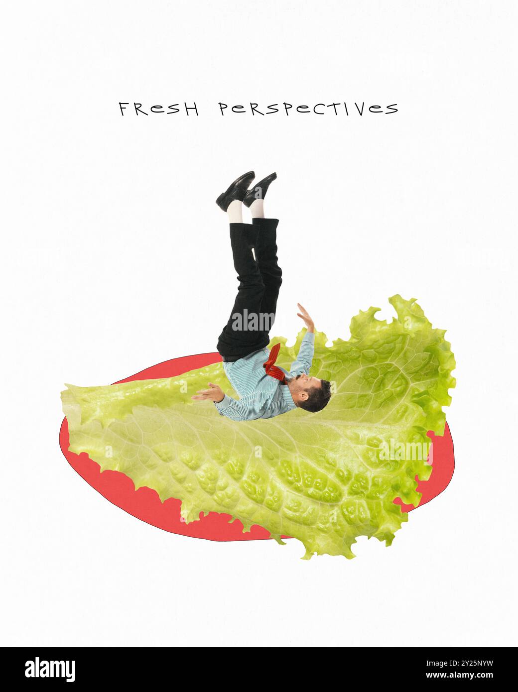 Contemporary art collage. Man somersaults on lettuce leaf, symbolizing ...