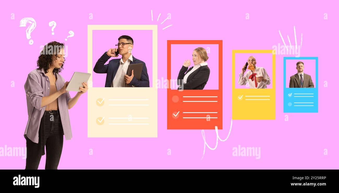 Contemporary art collage. Candidate profiles reviewed with thoughtful ...