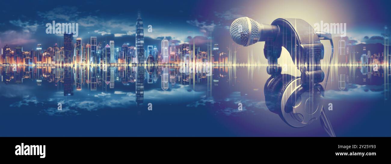Radio studio microphone and city.Background design for show or podcast ...