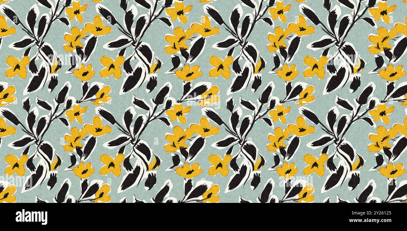 Modern printed fabric flower block print pattern with linen texture ...
