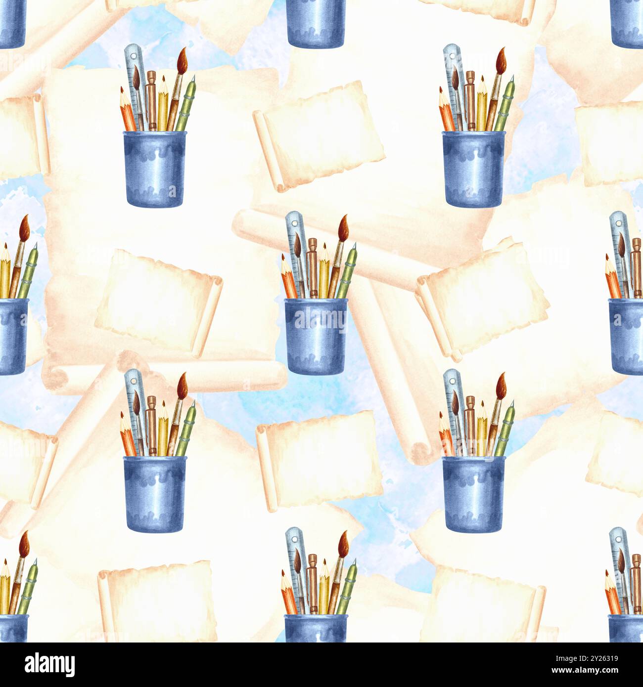 Plastic cup with writing utensils and paper. Pen, brush and pencil ...
