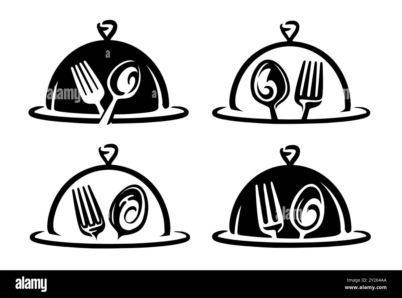 Fork, spoon and cloche or tray icon. Cutlery, dinnerware sign ...