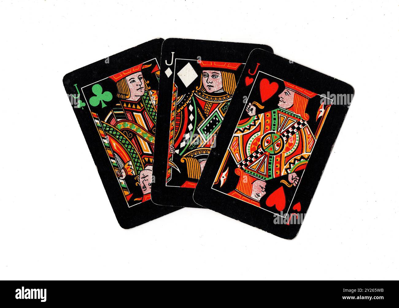 Vintage black playing cards showing three jacks on a white background ...