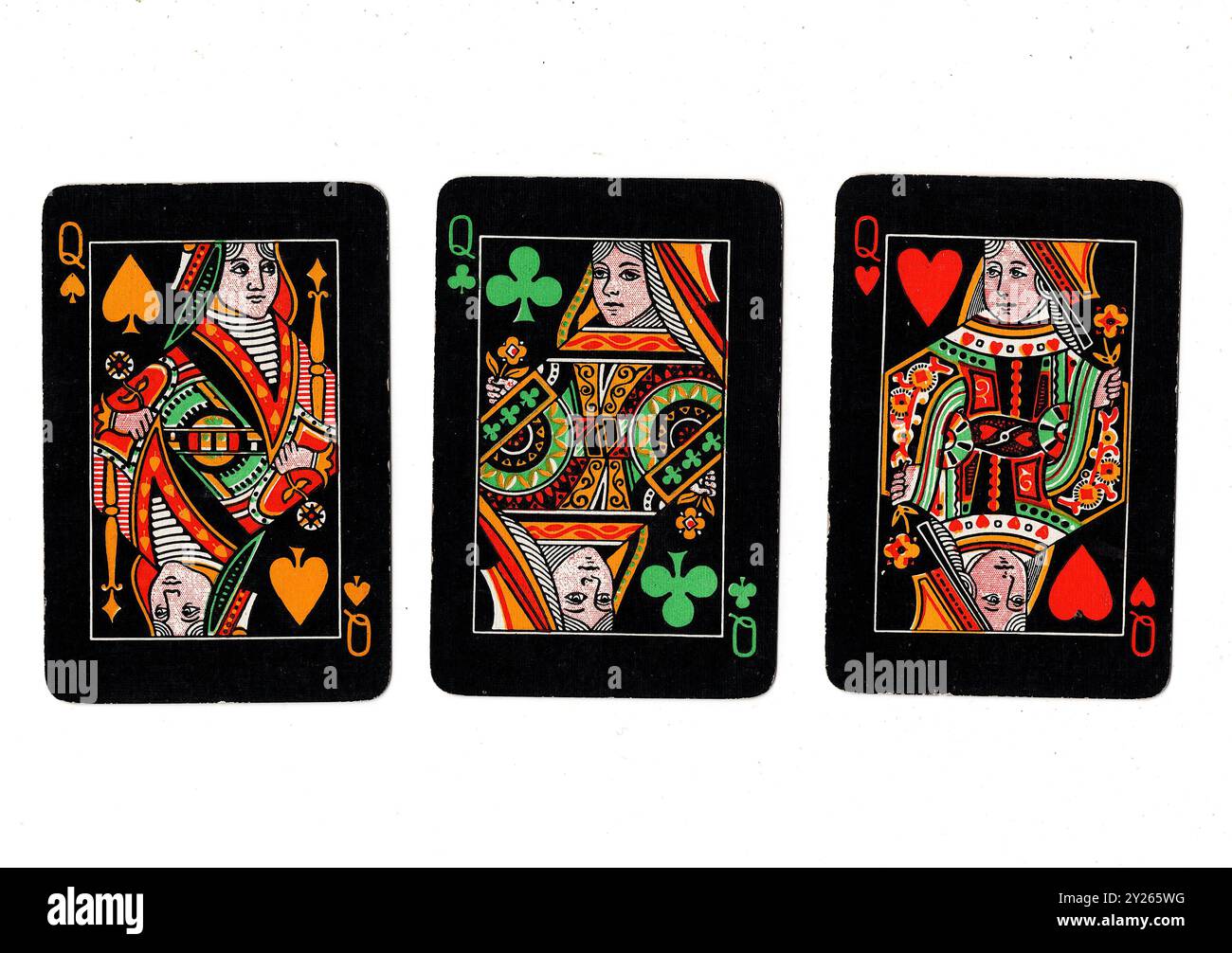 Vintage black playing cards showing three queens on a white background ...